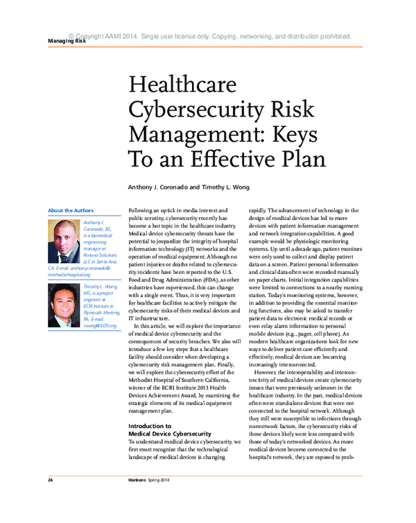 Pdf Healthcare Cybersecurity Risk Management Keys To An Effective Plan