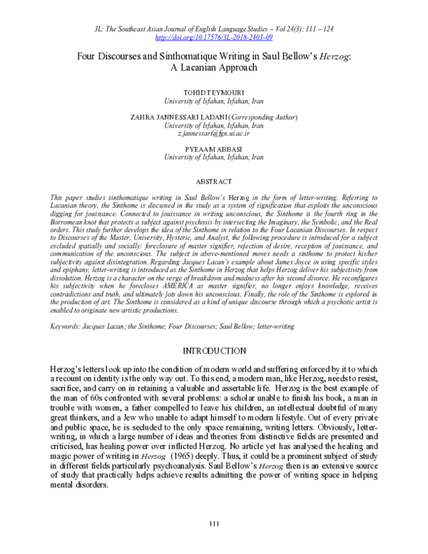 (PDF) Four Discourses and Sinthomatique Writing in Saul Bellow’s Herzog ...
