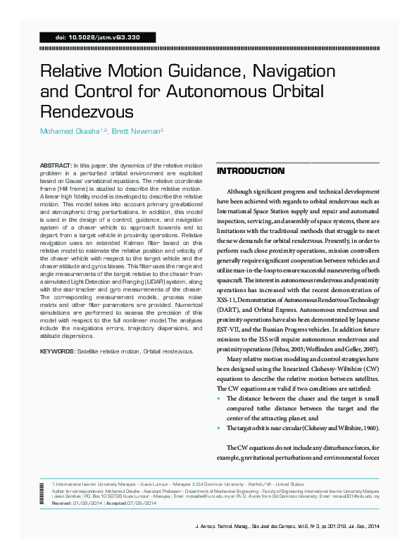Pdf Relative Motion Guidance Navigation And Control For Autonomous Orbital Rendezvous