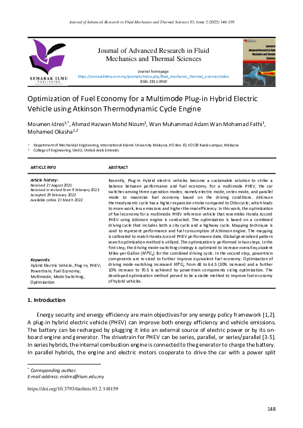 (PDF) Optimization of Fuel Economy for a Multimode Plug-in Hybrid ...