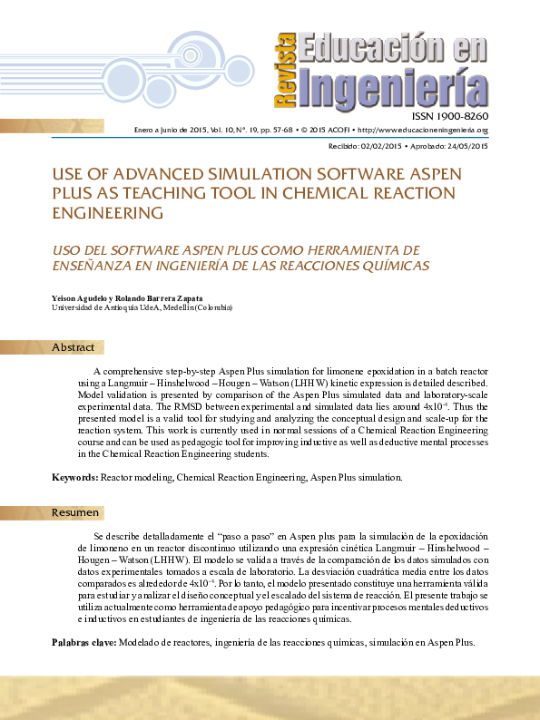 (PDF) Use of Advanced Simulation Software Aspen Plus as Teaching Tool ...