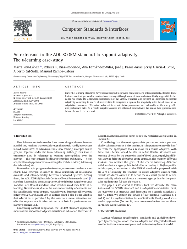 (PDF) An extension to the ADL SCORM standard to support adaptivity: The t-learning case-study