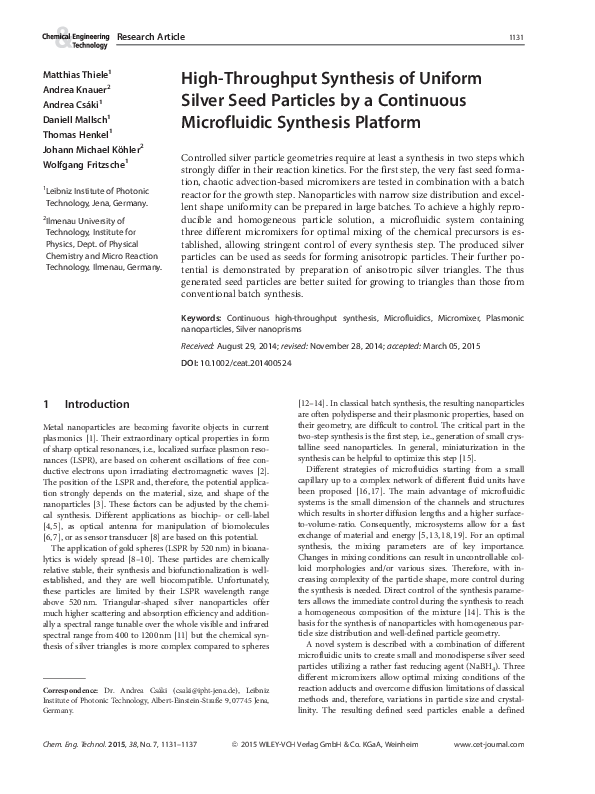 (PDF) High-Throughput Synthesis of Uniform Silver Seed Particles by a ...