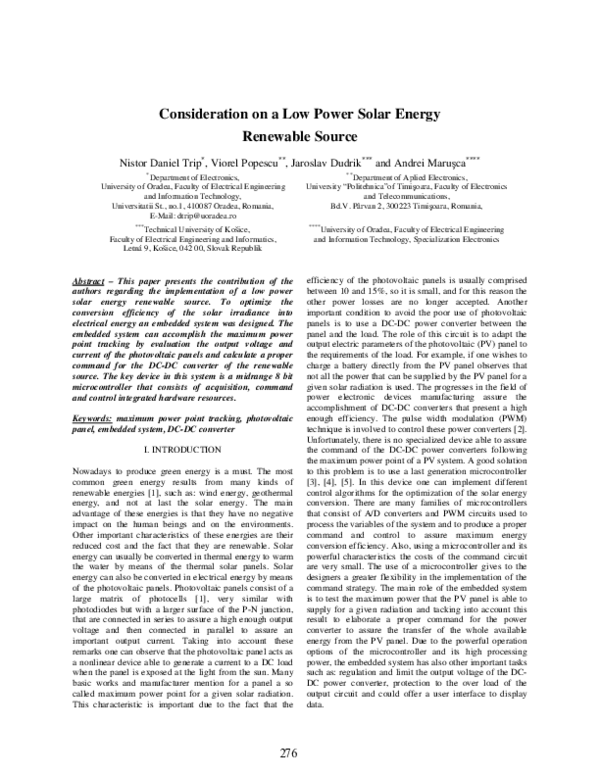 (PDF) Consideration on a Low Power Solar Energy Renewable Source