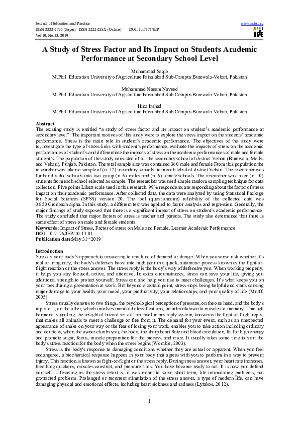 (PDF) A Study of Stress Factor and Its Impact on Students Academic Performance at Secondary ...