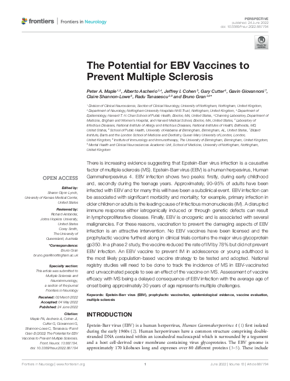 (PDF) The Potential for EBV Vaccines to Prevent Multiple Sclerosis