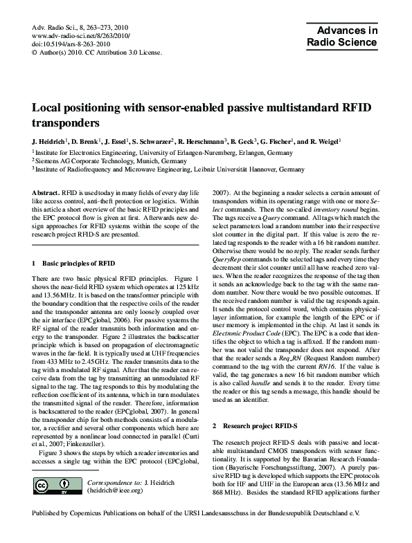 (PDF) Local positioning with sensor-enabled passive multistandard RFID transponders