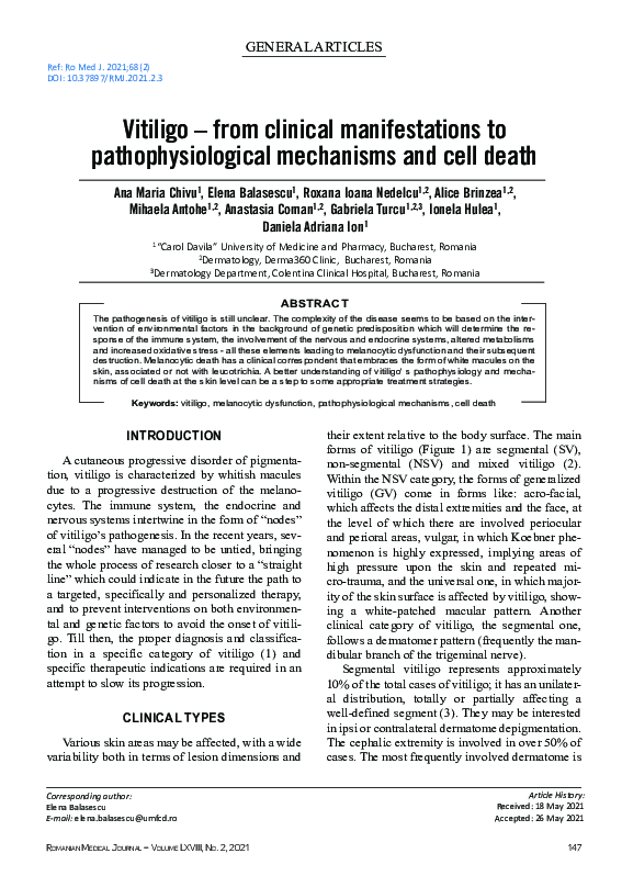 (PDF) Vitiligo -from clinical manifestations to pathophysiological ...