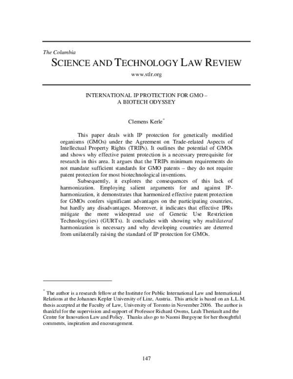 (PDF) International IP Protection For GMO – A Biotech Odyssey
