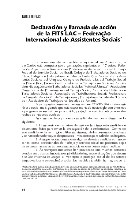 (PDF) Declaración y llamada de acción de la FITS LAC - Federação ...