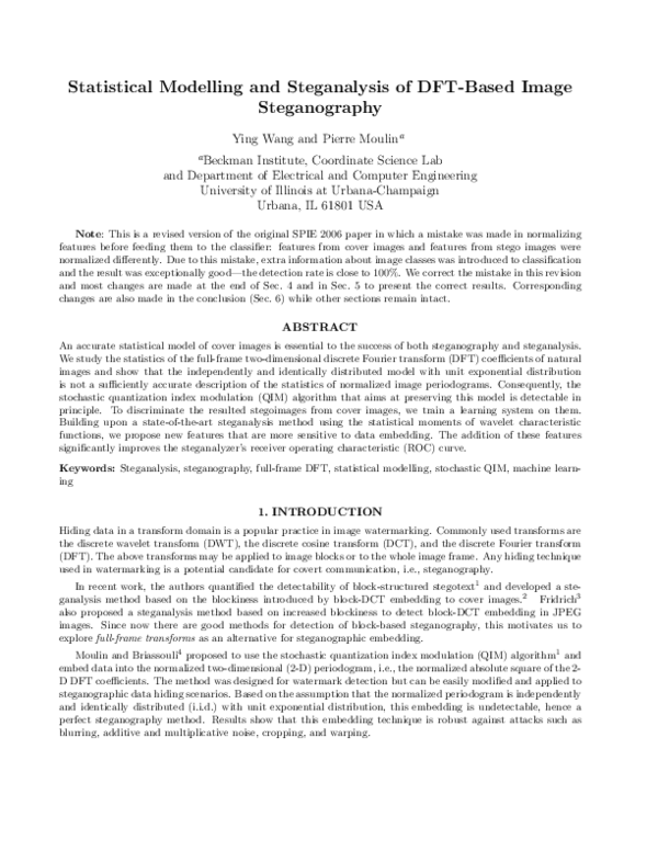 (PDF) Statistical modelling and steganalysis of DFT-based image steganography