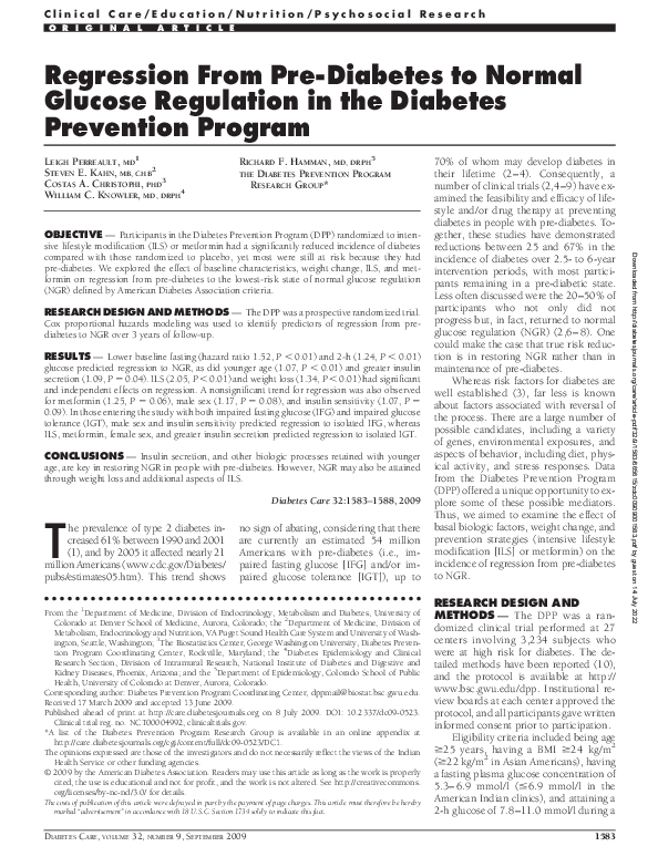 (PDF) Regression From Pre-Diabetes to Normal Glucose Regulation in the ...