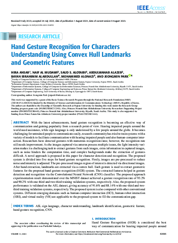 (PDF) Hand Gesture Recognition for Characters Understanding Using Convex Hull Landmarks and ...