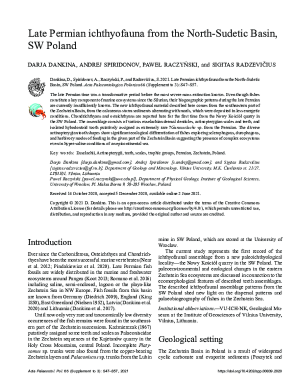 (PDF) Late Permian ichthyofauna from the North-Sudetic Basin, SW Poland