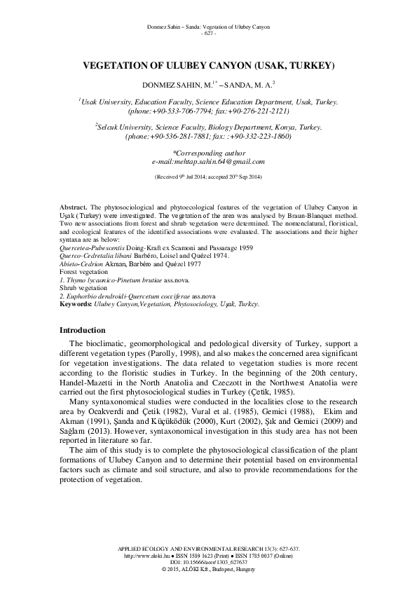(PDF) Vegetation of Ulubey Canyon (Usak, Turkey)