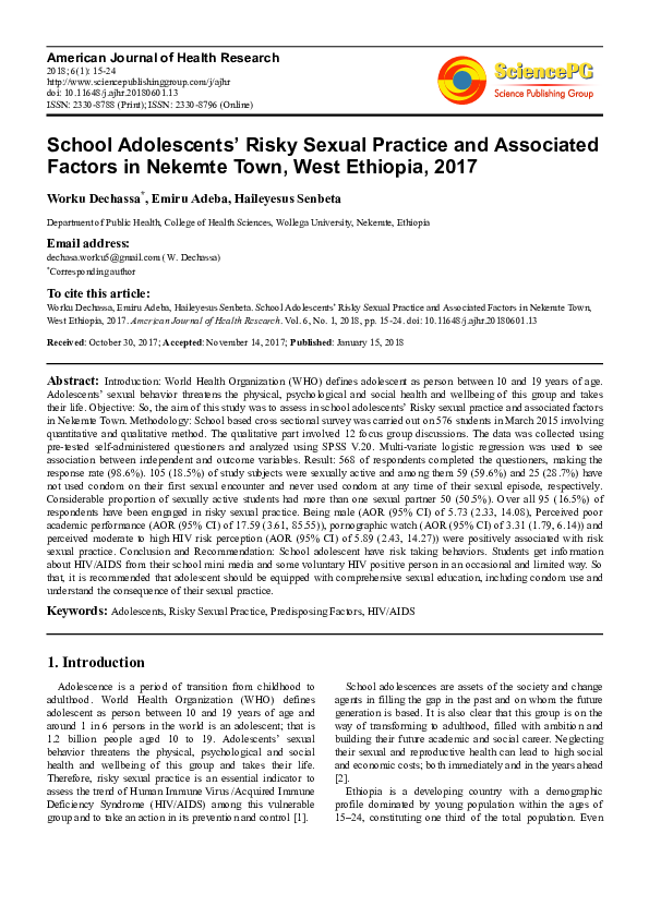 (PDF) School Adolescents’ Risky Sexual Practice and Associated Factors in Nekemte Town, West ...