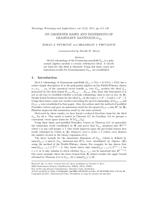 Pdf Groebner Bases And Immersions Of G2 N