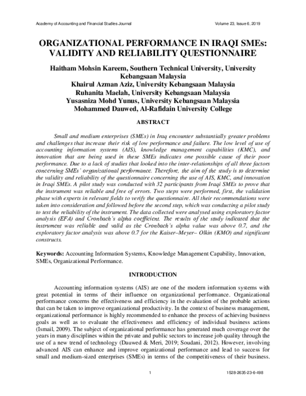 (PDF) Organizational Performance in Iraqi SMEs: Validity and Reliability Questionnaire