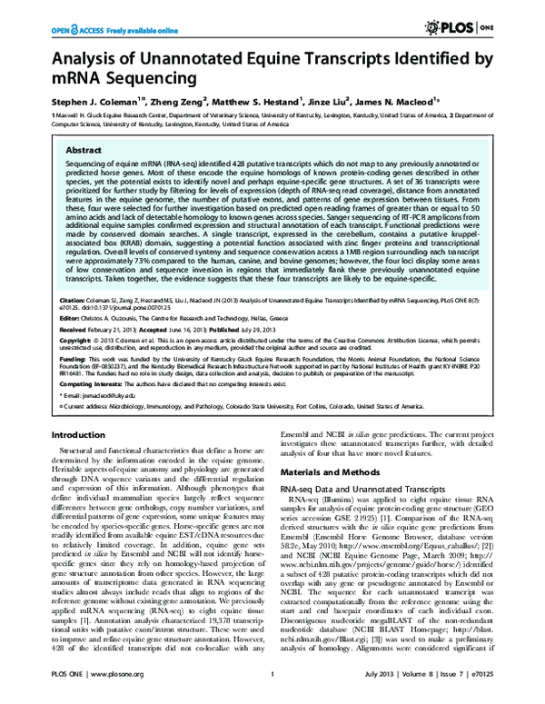 (PDF) Analysis of Unannotated Equine Transcripts Identified by mRNA ...
