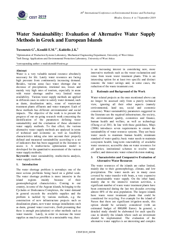 (PDF) Water Sustainability: Evaluation of Alternative Water Supply ...
