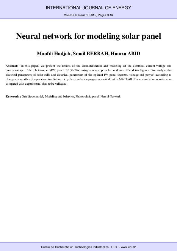 (PDF) Neural network for modeling solar panel