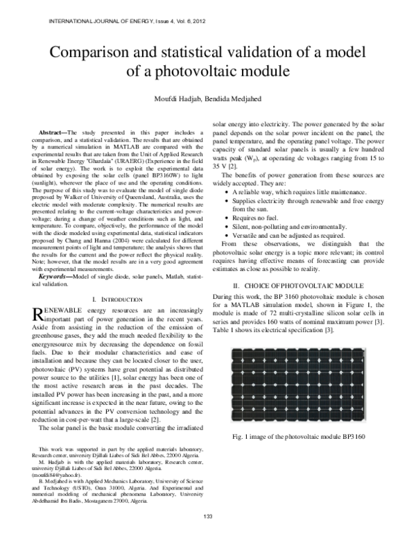 (PDF) Comparison and statistical validation of a model of a photovoltaic module