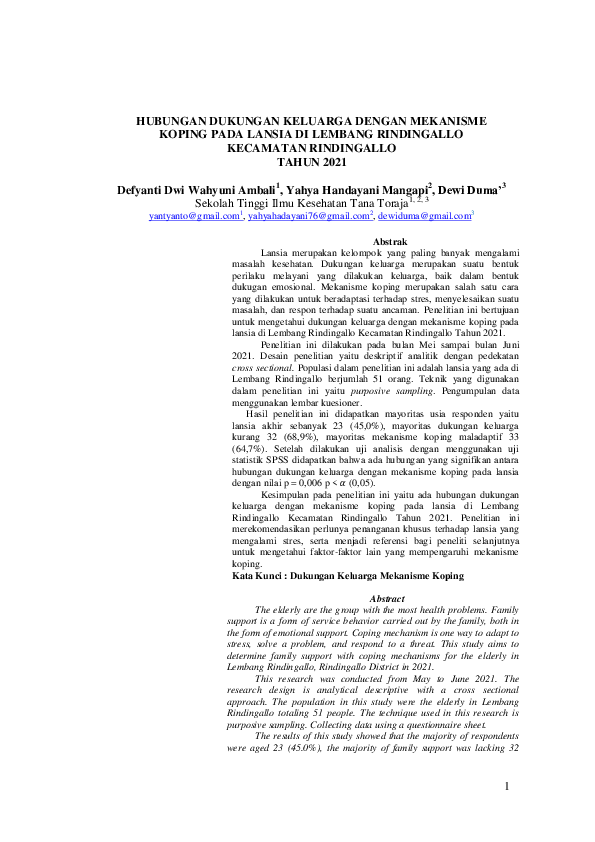 (PDF) Hubungan Dukungan Keluarga Dengan Mekanisme Koping Pada Lansia DI Lembang Rindingallo ...