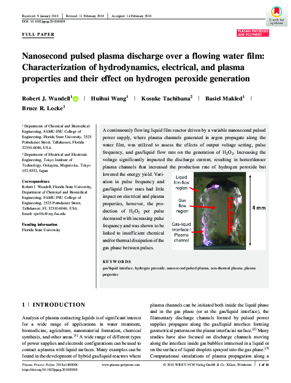 (PDF) Nanosecond pulsed plasma discharge over a flowing water film ...