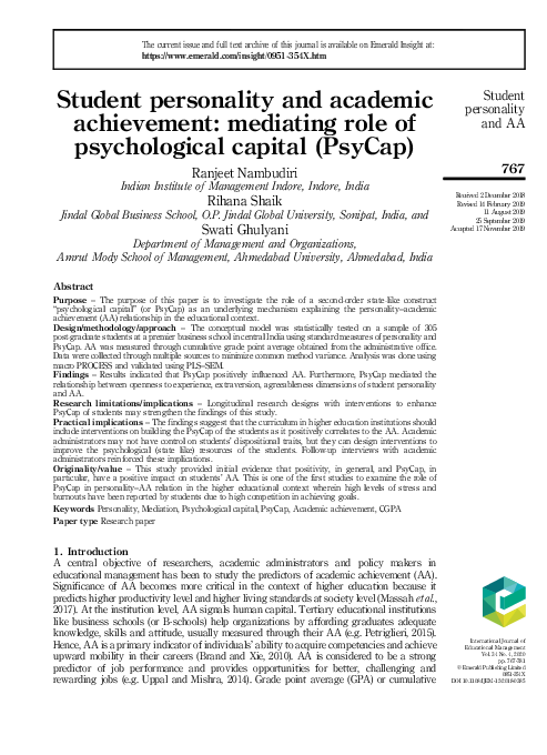 (PDF) Student personality and academic achievement: mediating role of ...