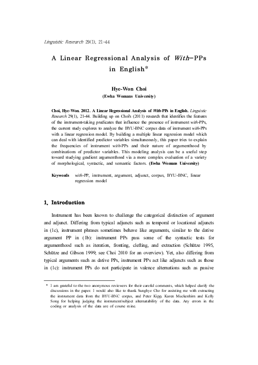 (PDF) A Linear Regressional Analysis of With-PPs in English