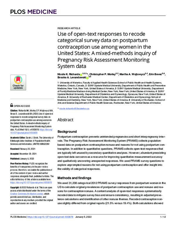 (PDF) Use of open-text responses to recode categorical survey data on ...