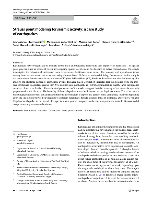 (PDF) Strauss point modeling for seismic activity: a case study of earthquakes | amna zahra ...
