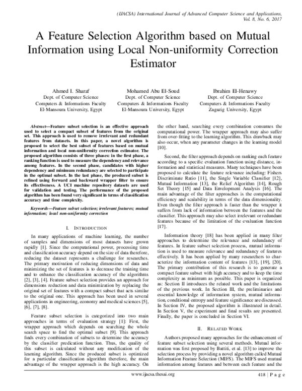 (PDF) A Feature Selection Algorithm based on Mutual Information using Local Non-uniformity ...