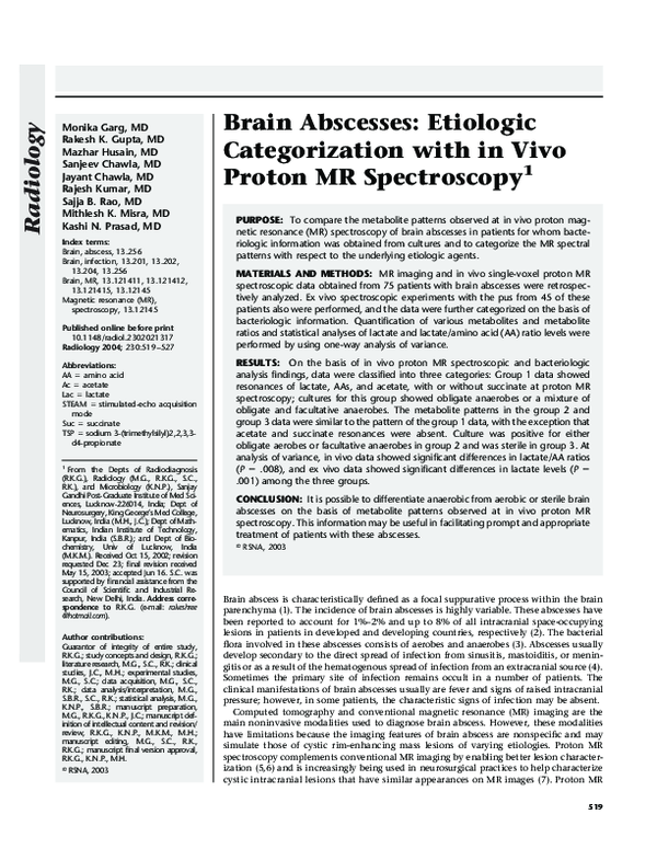 (PDF) Brain Abscesses: Etiologic Categorization with in Vivo Proton MR ...