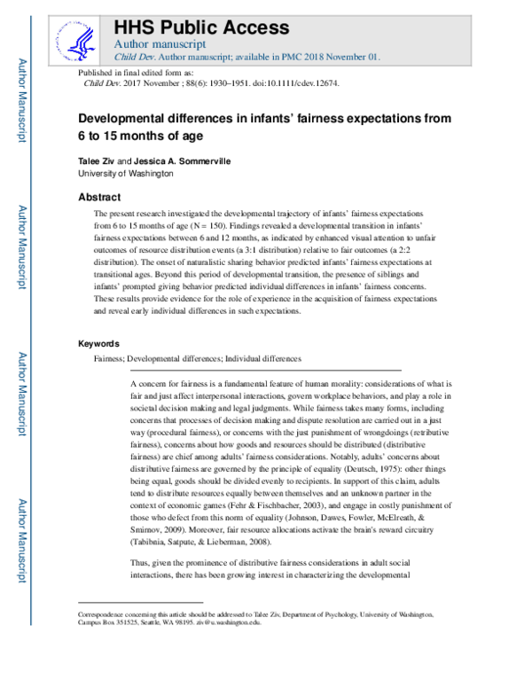 (PDF) Developmental Differences in Infants' Fairness Expectations From ...