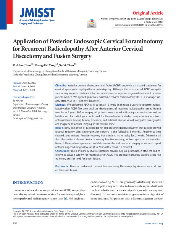(PDF) Application of Posterior Endoscopic Cervical Foraminotomy for ...