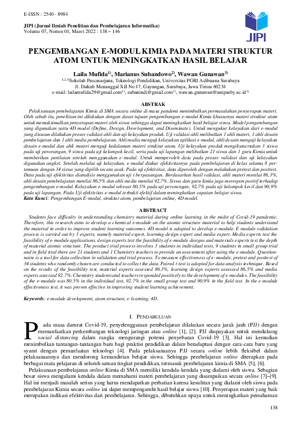 (PDF) Pengembangan E-Modul Kimia Pada Materi Struktur Atom Untuk Meningkatkan Hasil Belajar