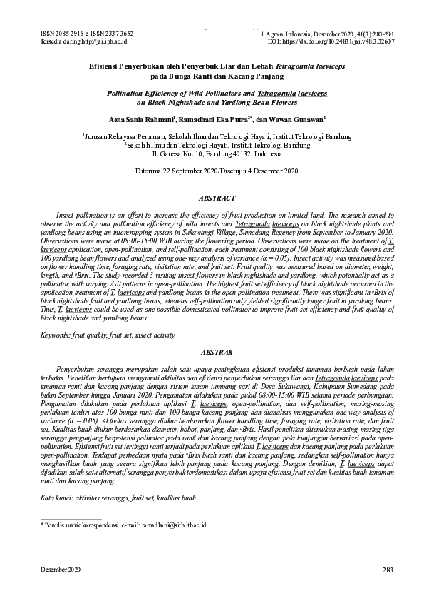 (PDF) Efisiensi Penyerbukan oleh Penyerbuk Liar dan Lebah Tetragonula laeviceps pada Bunga Ranti ...