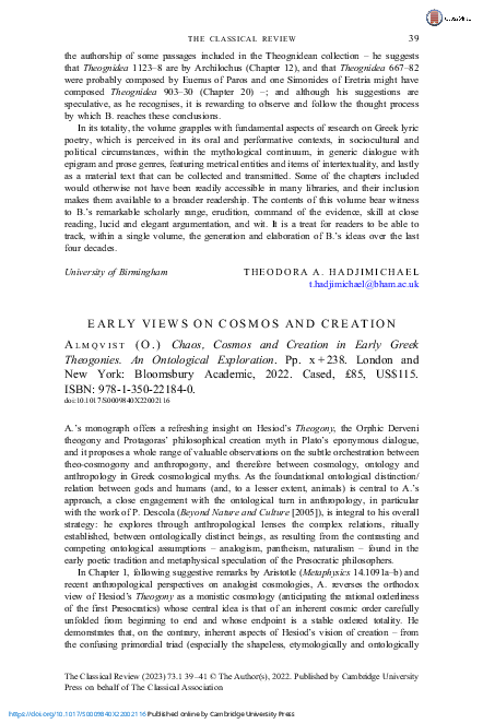 (PDF) Review of Olaf Almqvist, Chaos, Cosmos and Creation in Early ...