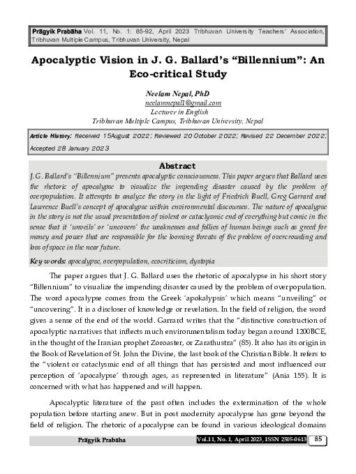 (PDF) Apocalyptic Vision in J. G. Ballard’s “Billennium”: An Eco ...