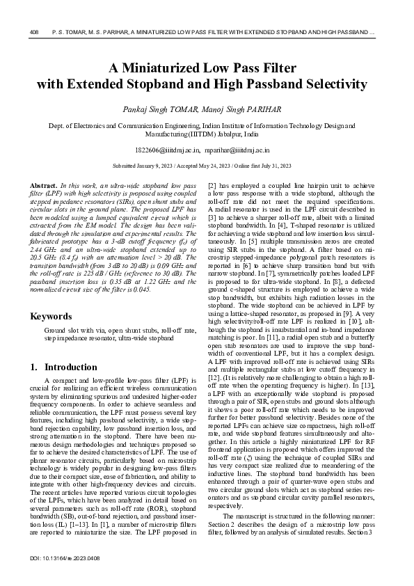 (PDF) A Miniaturized Low Pass Filter with Extended Stopband and High ...