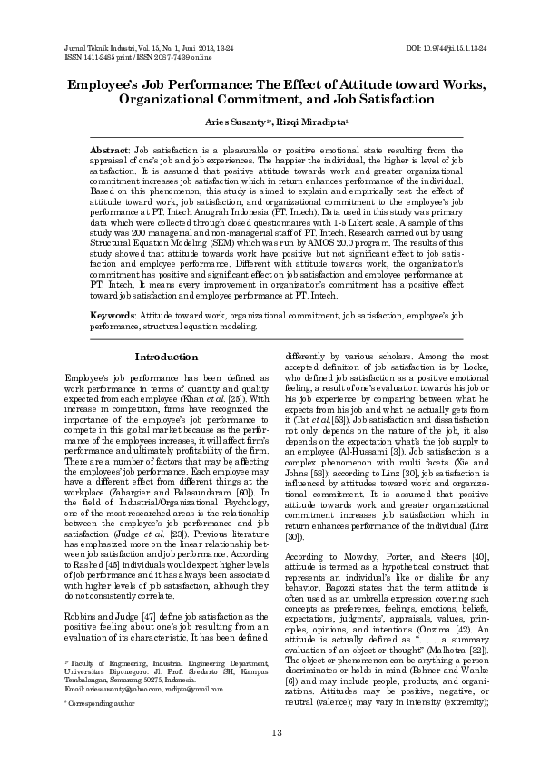 (PDF) Employee’s Job Performance: The Effect of Attitude toward Works ...