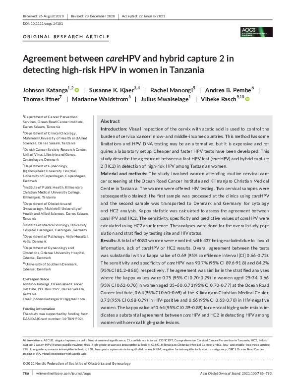 Pdf Agreement Between Care Hpv And Hybrid Capture 2 In Detecting High 1914
