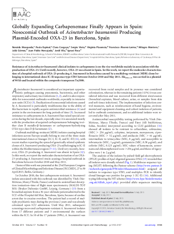 (PDF) Globally Expanding Carbapenemase Finally Appears in Spain: Nosocomial Outbreak of ...