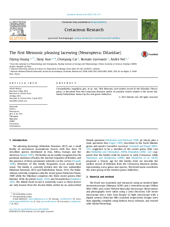 (PDF) The first Mesozoic pleasing lacewing (Neuroptera: Dilaridae)