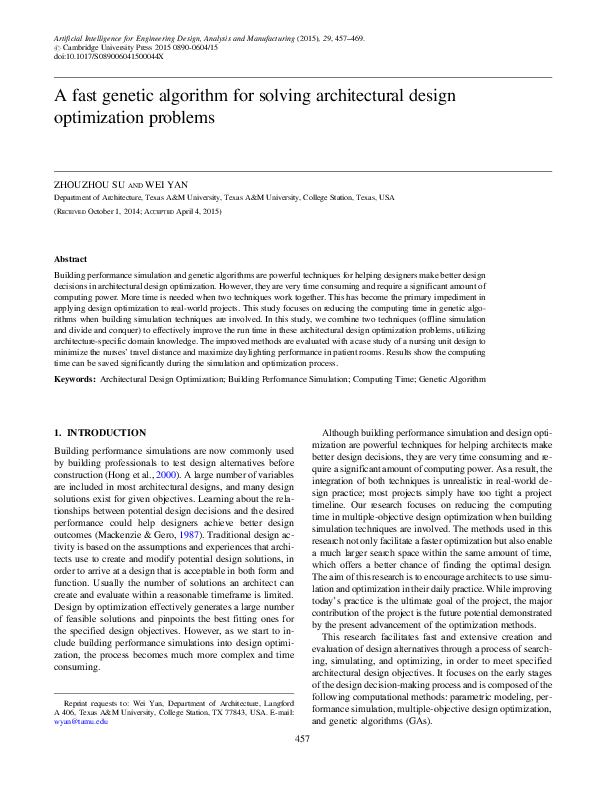 Pdf A Fast Genetic Algorithm For Solving Architectural Design Optimization Problems