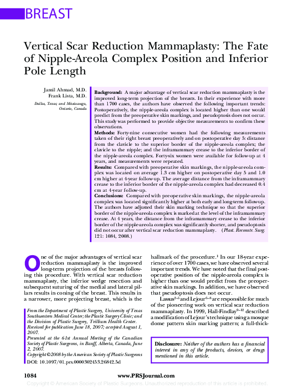 (PDF) Vertical Scar Reduction Mammaplasty: The Fate of Nipple-Areola ...