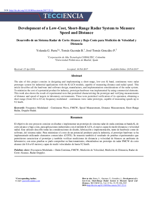 (PDF) Development of a Low-Cost, Short-Range Radar System to Measure Speed and Distance