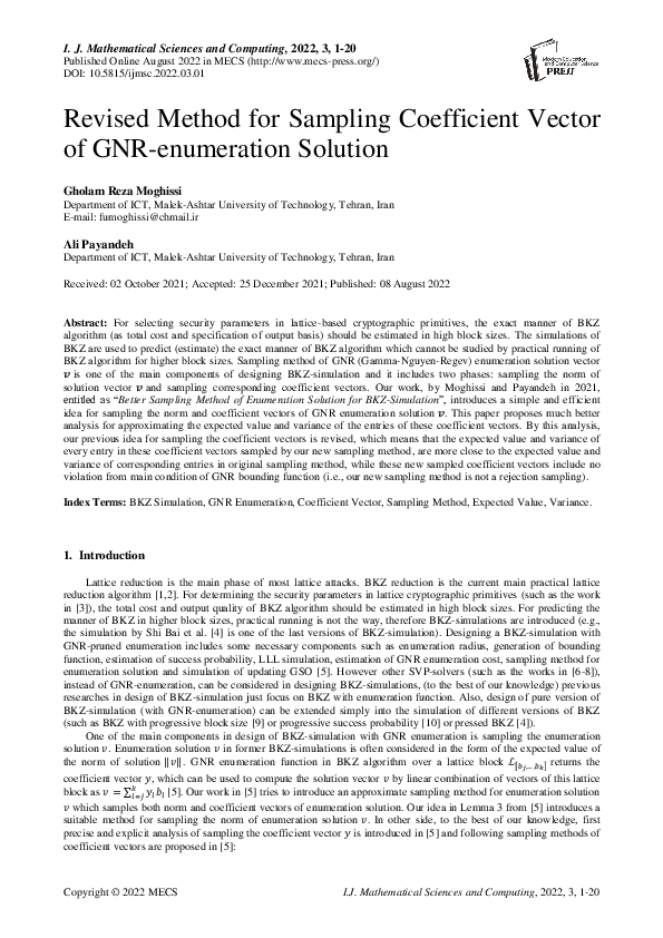 Pdf Revised Method For Sampling Coefficient Vector Of Gnr Enumeration Solution