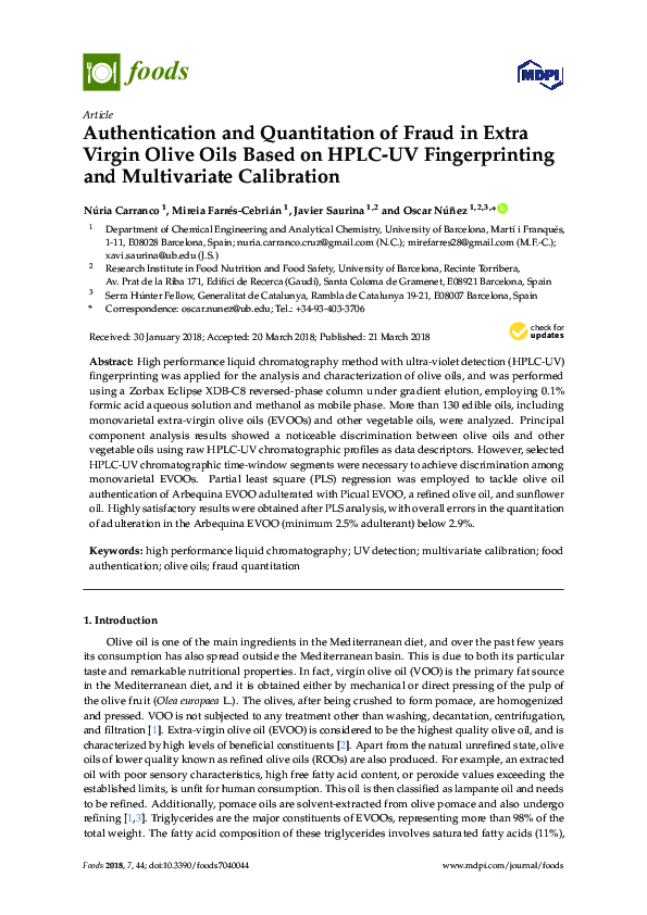 (PDF) Authentication and Quantitation of Fraud in Extra Virgin Olive Oils Based on HPLC-UV ...